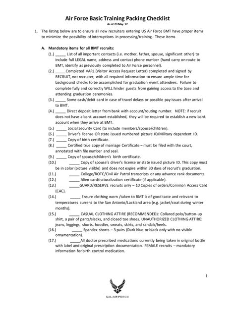 Fillable Online Air Force Basic Training Packing Checklist Fax Email