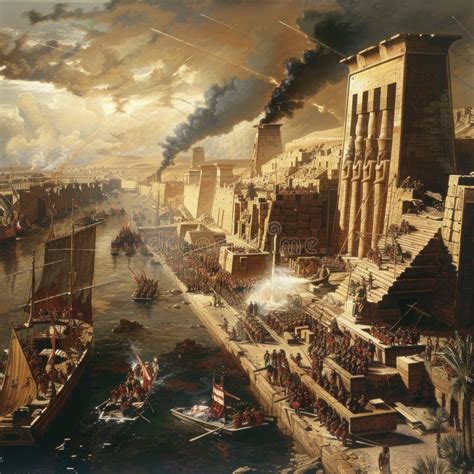 Epic Historical Artwork Of An Ancient Egyptian River Battle Stock