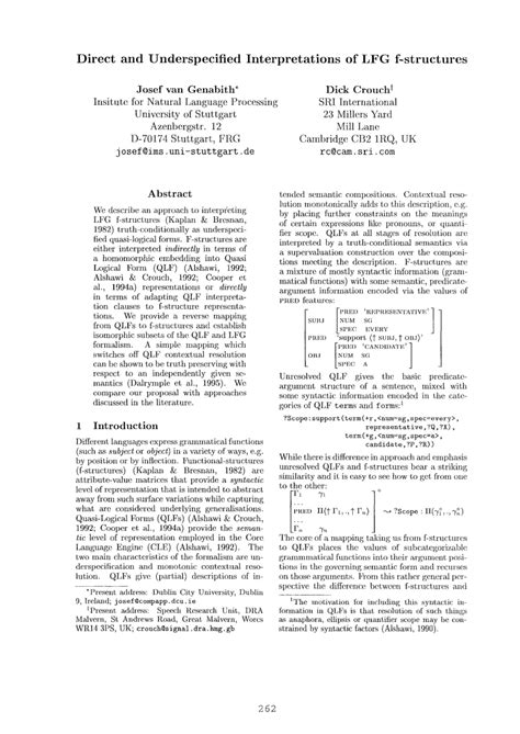 Pdf Direct And Underspecified Interpretations Of Lfg F Structures