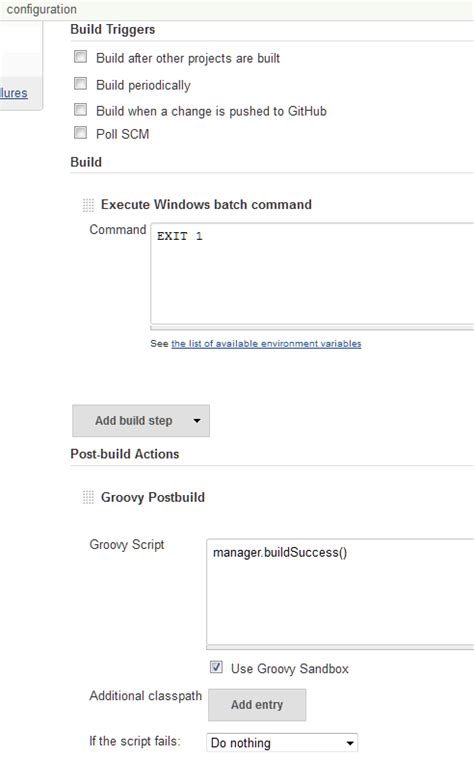 Jenkins How Can I Use Groovy Postbuild To Force A Job To Success
