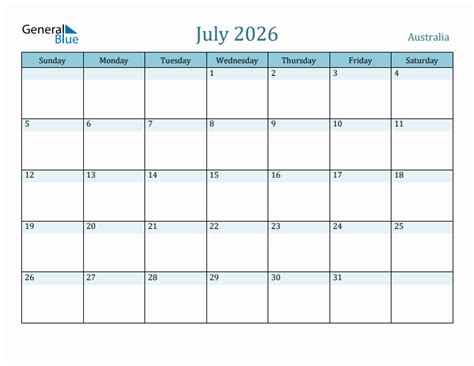 Free Printable July 2026 Calendar For Australia