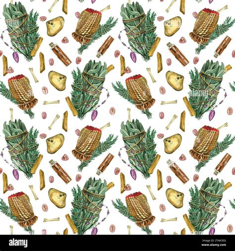 Seamless Pattern Items For Fortune Telling Crystal Pendulum Herbs