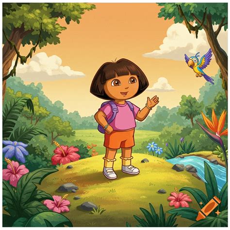 Dora The Explorer Stands On A Grassy Hill Under A Blue Sky Happily