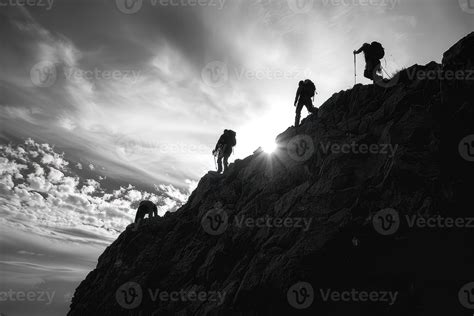 Ai Generated Silhouetted Hikers Ascending A Steep Hill At Sunrise A