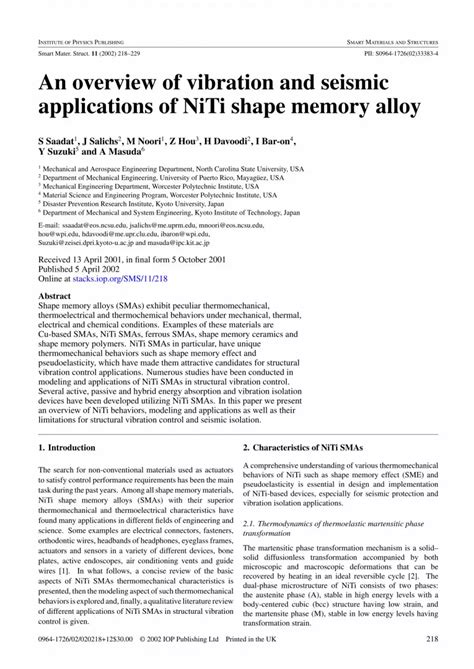 Pdf An Overview Of Vibration And Seismic Applications Of Niti Shape