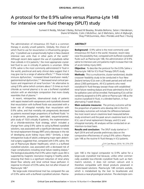Pdf A Protocol For The 09 Saline Versus Plasma Lyte 148 For