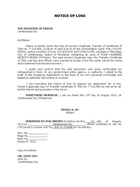 Notice Of Loss Pdf