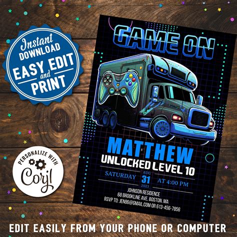 Video Game Truck Birthday Party Invitation Game Truck Party Etsy Artofit