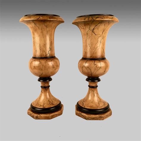Pair Of Faux Sienna Marble Classical Urns In Antique Treen