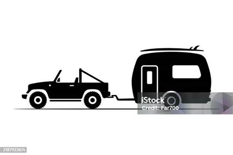 트레일러 아이콘이 있는 오프로드 차량 캠핑카 서핑 보드 블랙 실루엣 측면 보기 벡터 간단 평면 그래픽 Illustration 흰색 배경에 고립 된 개체입니다 격리 4x4