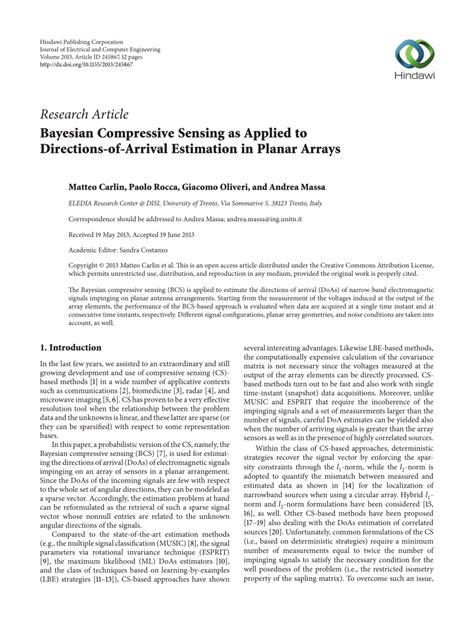 Pdf Bayesian Compressive Sensing As Applied To Directions Of Arrival Estimation In Planar Arrays