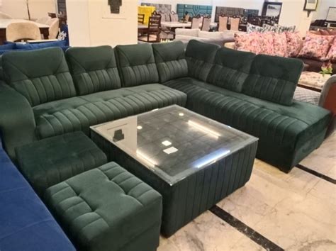 7 Seater Wooden L Type Sofa Set With Table Glass And Two Puffy At Best Price In New Delhi