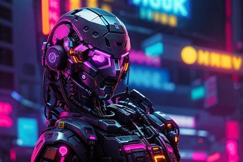 Premium Ai Image Cyberpunk Robot Neon Background