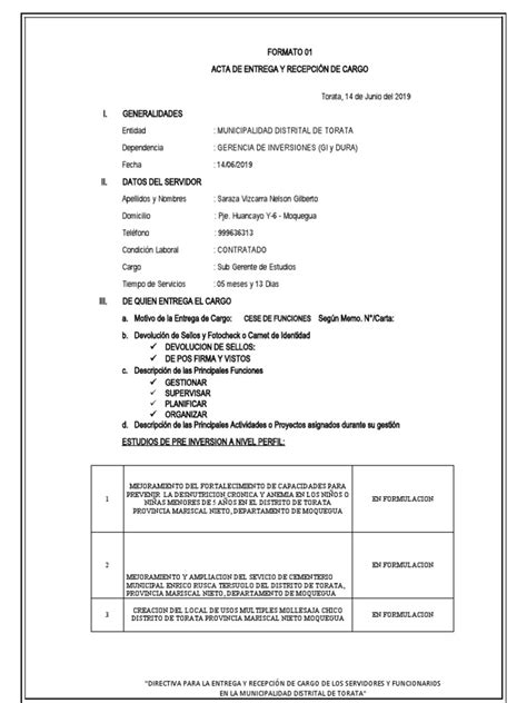 Acta De Entrega De Cargo 2019 Pdf Riego Administracion Del Agua