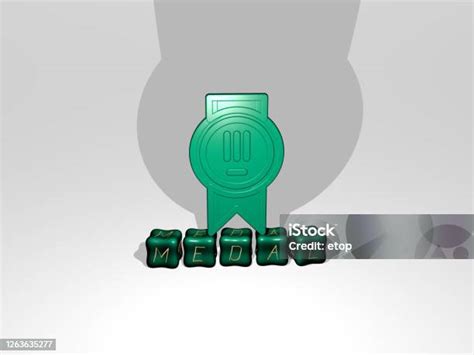 3d 그래픽 이미지인 Medal는 상단 관점에서 금속 입방 문자로 제작된 텍스트와 함께 개념 프레젠테이션 및 슬라이드쇼에