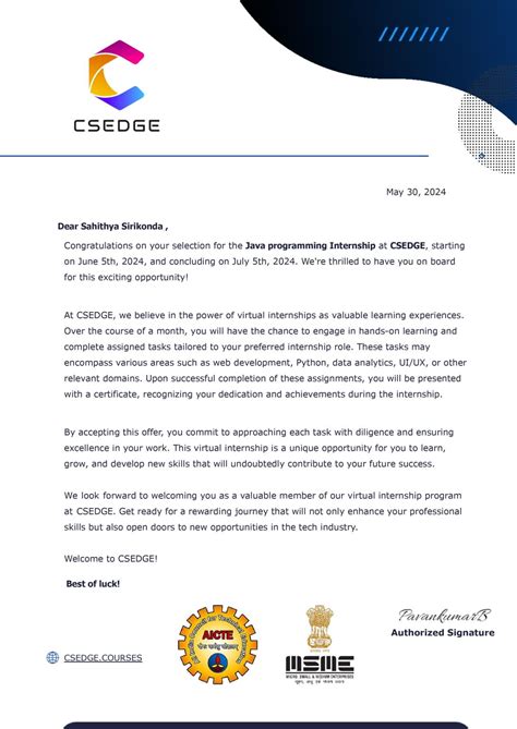 sirikonda sahithya on linkedin csedge offerletter javainternship