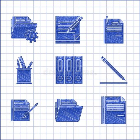 Set Office Folders With Papers And Documents Document File Pencil