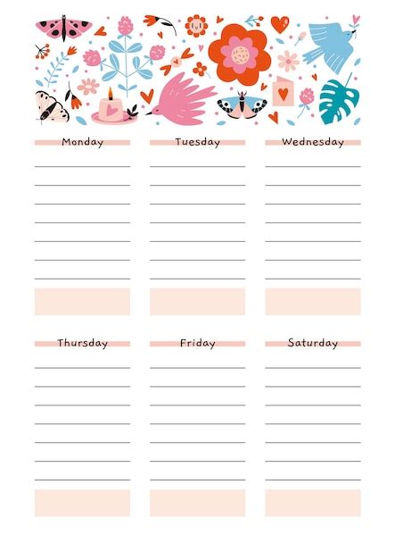 Cute Weekly Schedule For 6 Days Template With Spring Vibe Birds