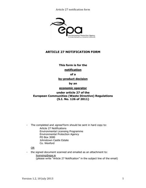 Article 27 Notification Form Environmental Protection Agency