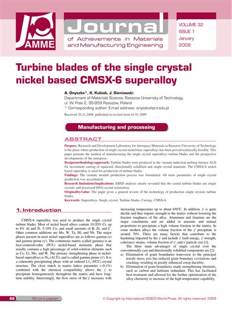 Pdf Turbine Blades Of The Single Crystal Nickel Based Cmsx 6 Superalloy