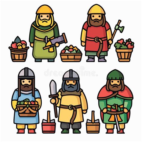 Six Medieval Characters Standing Holding Different Objects Vibrant Colors Top Row Characters