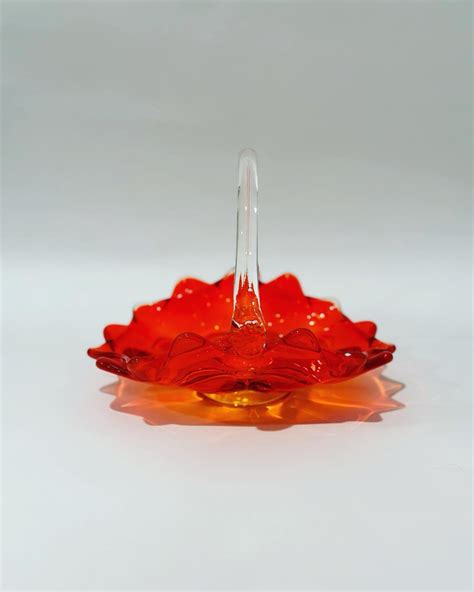 Vtg Viking Amberina Glass Double Layered Candy Bowl Clear Applied Handle