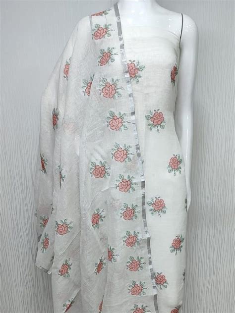 Mesmerizing White Floral Embroidery Linen Cotton Unstitched Dress