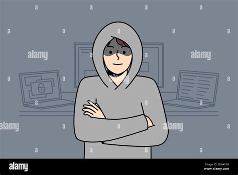 Young Man In Hood Standing Near Computers Hacking Internal Operations