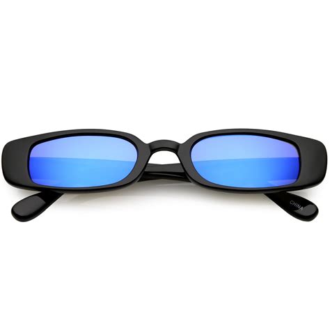 Extreme Thin Small Rectangle Sunglasses Mirrored Lens 49mm Black Blue Mirror