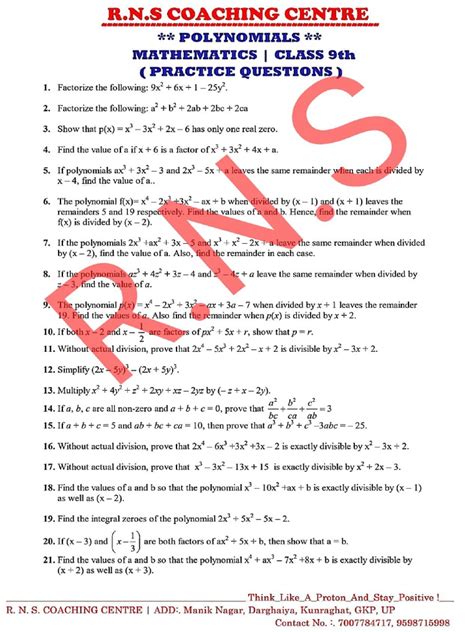 01 Polynomials Assignment 1 Class 9th Rns Classes Pdf
