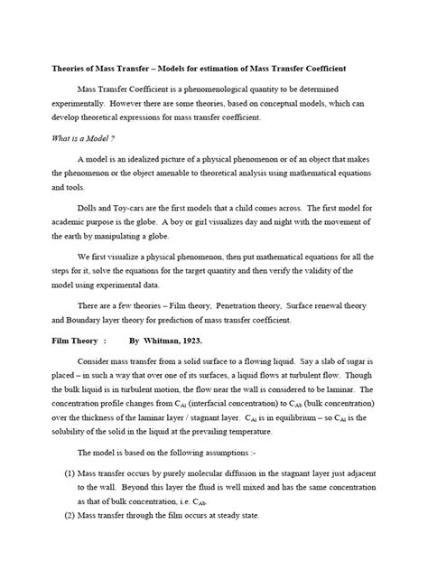Theories Of Mass Transfer Coefficients With Problems Pdf Boundary