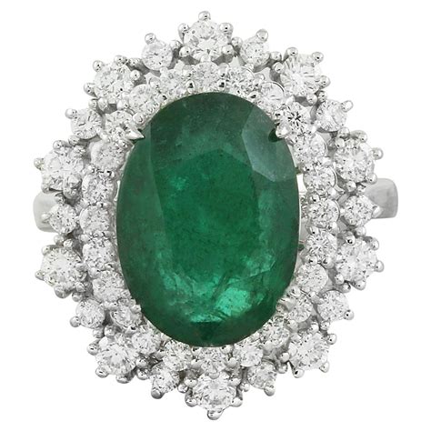 Exquisite Natural Emerald Diamond Ring In 14 Karat White Gold For Sale