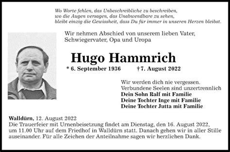 Traueranzeigen Von Hugo Hammrich Trauerportal Ihrer Tageszeitung