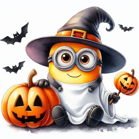 09 Halloween Cute Cartoon Minion In Ghost Suit With Pumpkin Watercolor