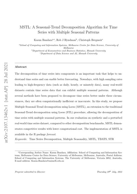 Pdf Mstl A Seasonal Trend Decomposition Algorithm For Time Series