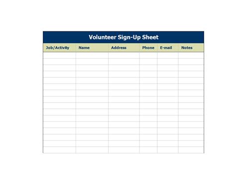免费 Volunteer Sign Up Sheet In Excel 样本文件在