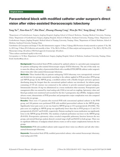 Pdf Paravertebral Block With Modified Catheter Under Surgeons Direct Vision After Video