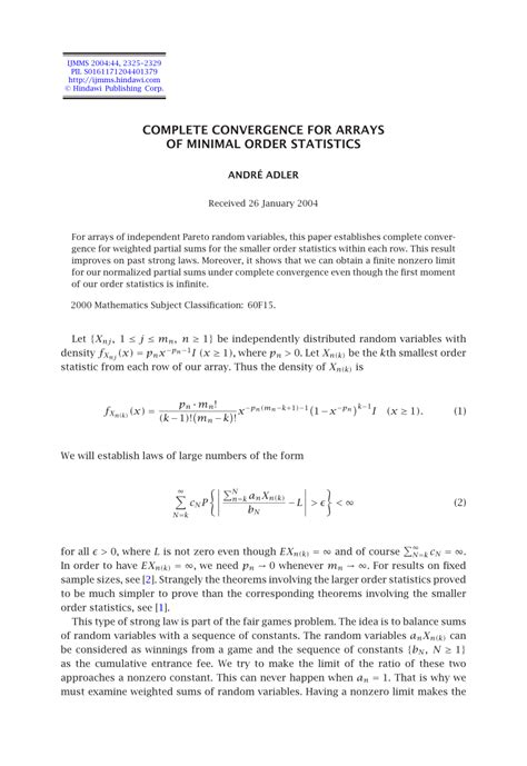Pdf Complete Convergence For Arrays Of Minimal Order Statistics