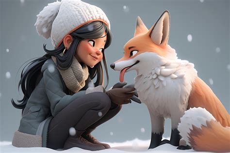 Cartoon Girl With A Fox In The Snow Generative Ai Premium Ai
