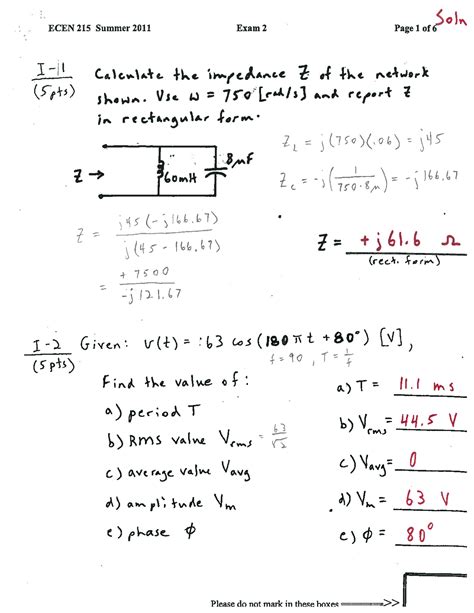 Solution For Exam 2 Principles Of Electrical Engineering Ecen 215