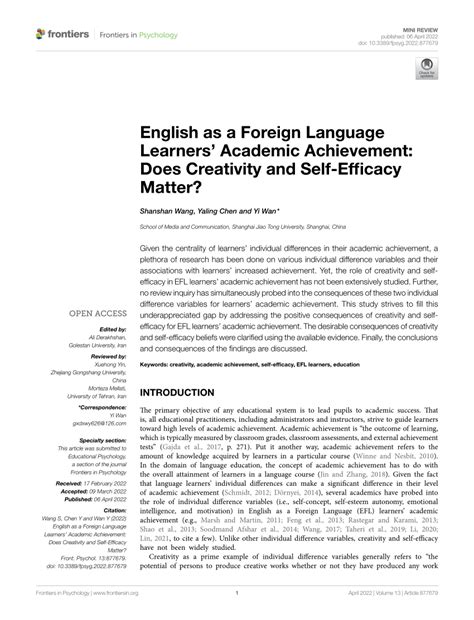 Pdf English As A Foreign Language Learners Academic Achievement Does Creativity And Self