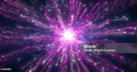 Abstract Glowing Energy Explosion Whirlwind Firework From Purple Lines And Magic Particles