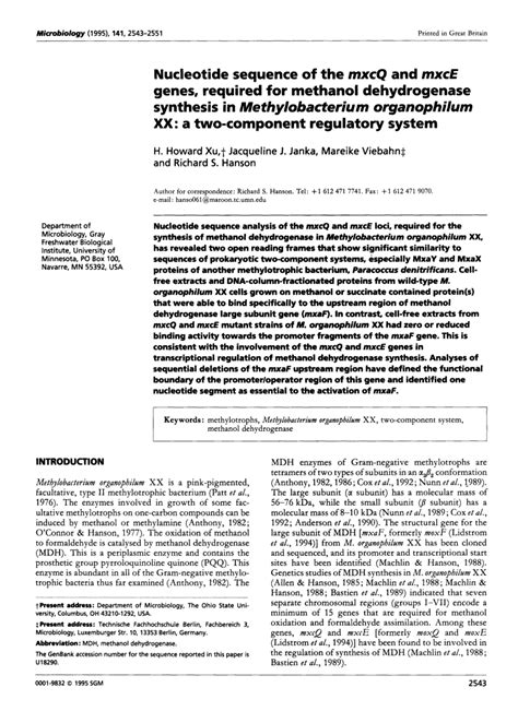 Pdf Nucleotide Sequence Of The Mxcq And Mxce Genes Required For Methanol Dehydrogenase