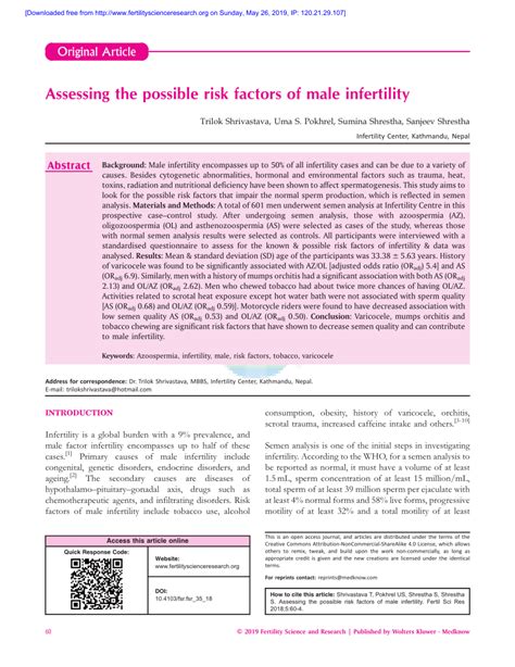 Pdf Assessing The Possible Risk Factors Of Male Infertility