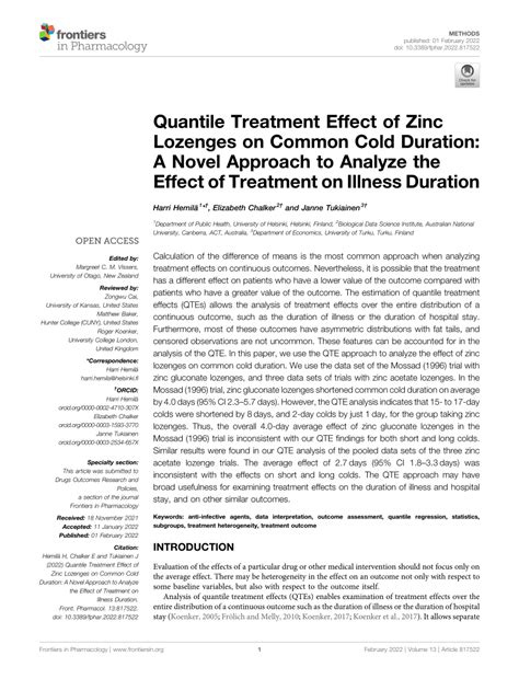 Pdf Quantile Treatment Effect Of Zinc Lozenges On Common Cold Duration A Novel Approach To