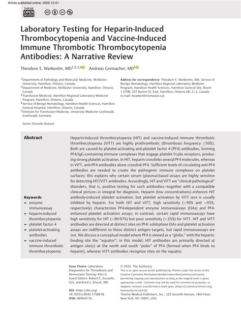 Pdf Laboratory Testing For Heparin Induced Thrombocytopenia And Vaccine Induced Immune