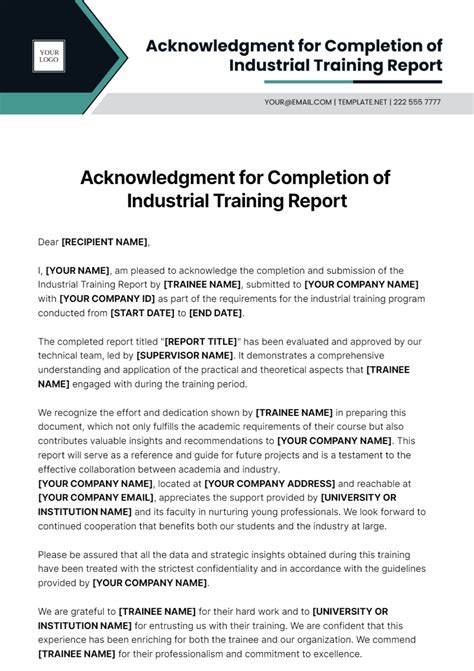 Free Acknowledgment For Industrial Training Report Template To Edit Online