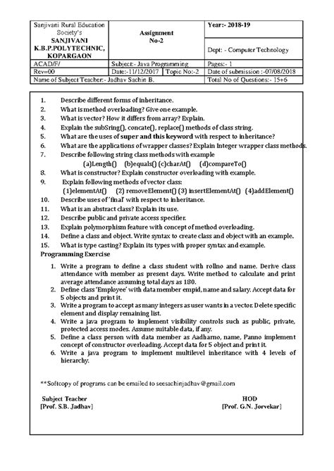 Java Programming Assignment No2 Java Sanjivani Rural Education