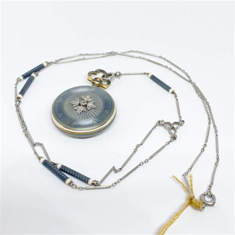 Edwardian Longines Blue Enamel Pendant Watch Platinum And 14 Karat