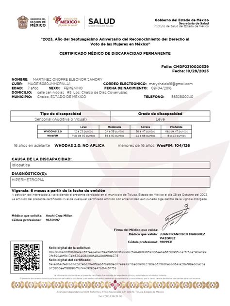 Certificado Médico De Discapacidad Permanente Pdf